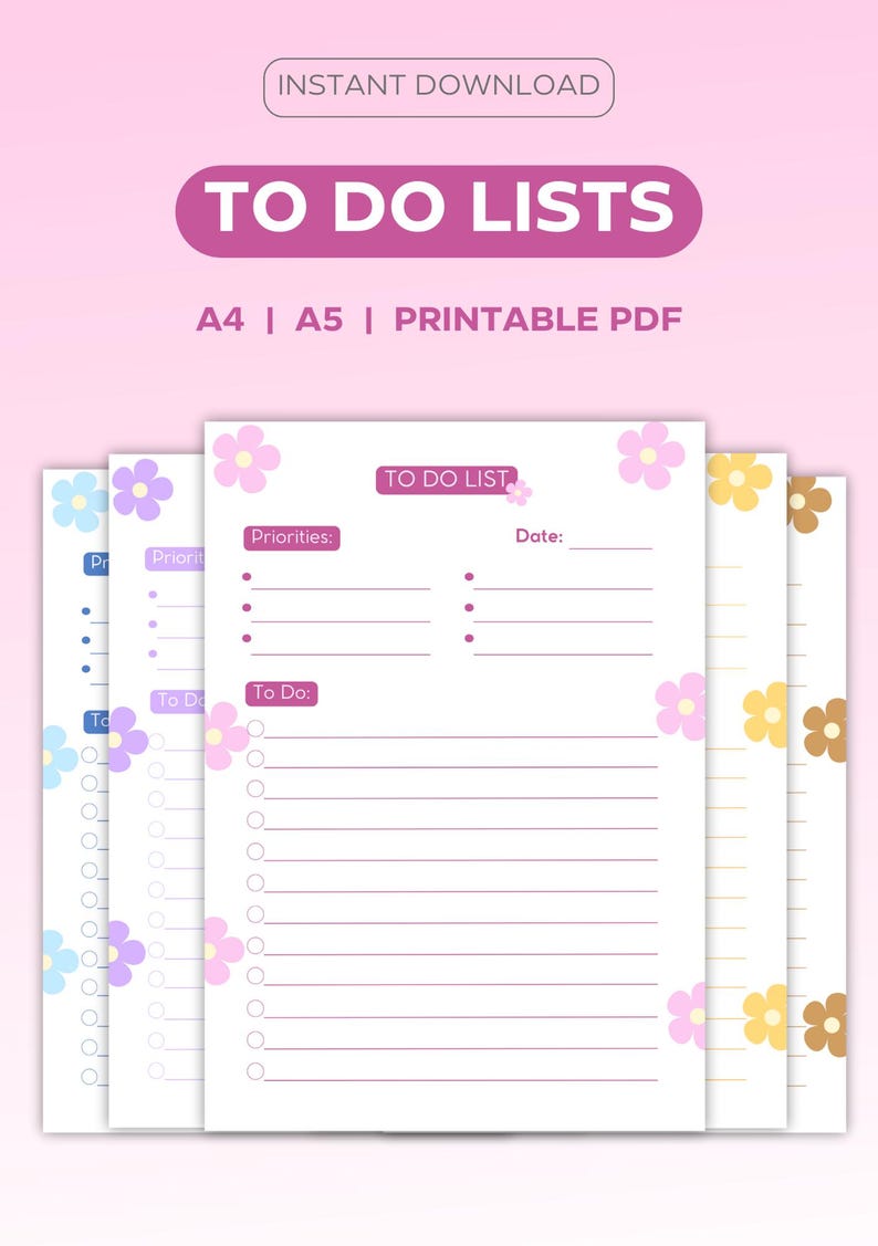 Printable to Do List PDF, Daily Task Planner Template A4 A5, Floral ...