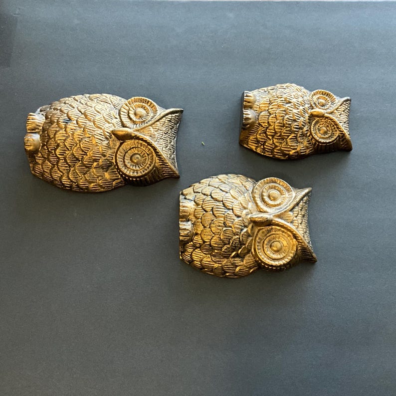 Vintage Trio of Gold Tone Metal Owl Wall Hangings Mid Century Cast ...