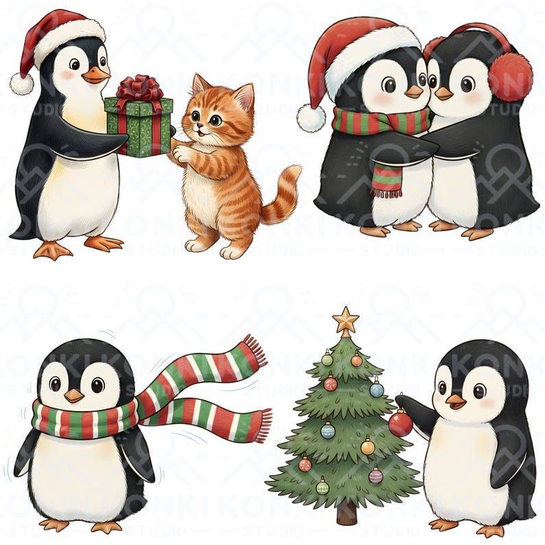 Christmas Penguin Clipart Bundle – 35 PNG Vintage Transparent Holiday ...