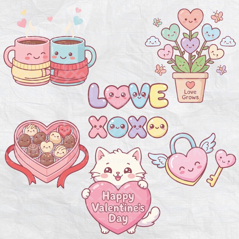 Kawaii Valentine's Day SVG Clipart Bundle | 30 Cute Love PNG Stickers ...