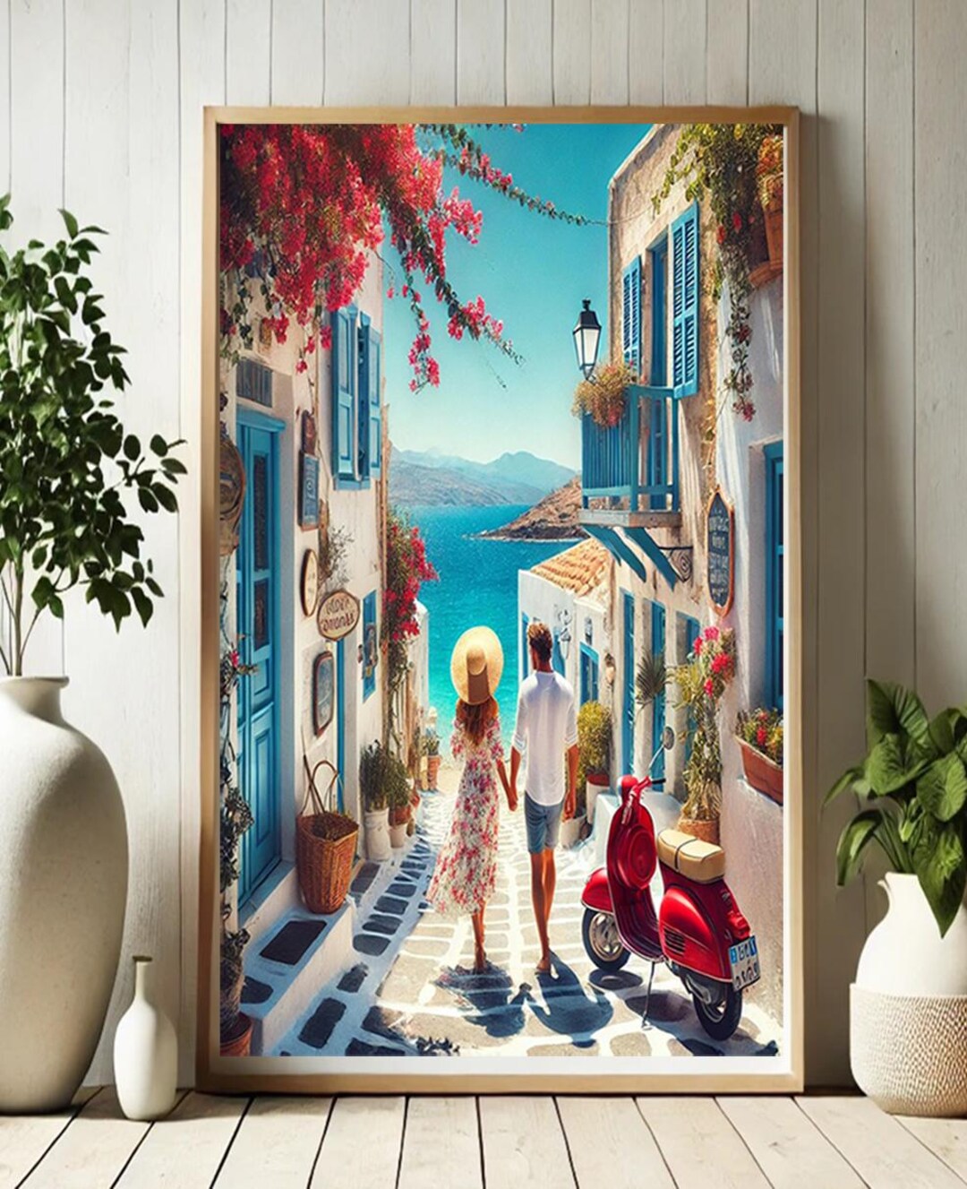 Romantic Couple in Greek Village Digital Print Coastal Wall Art ...