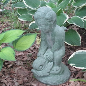 15" Tall Cement Boy Riding on Fish Concrete W/green Patina Garden Art ...