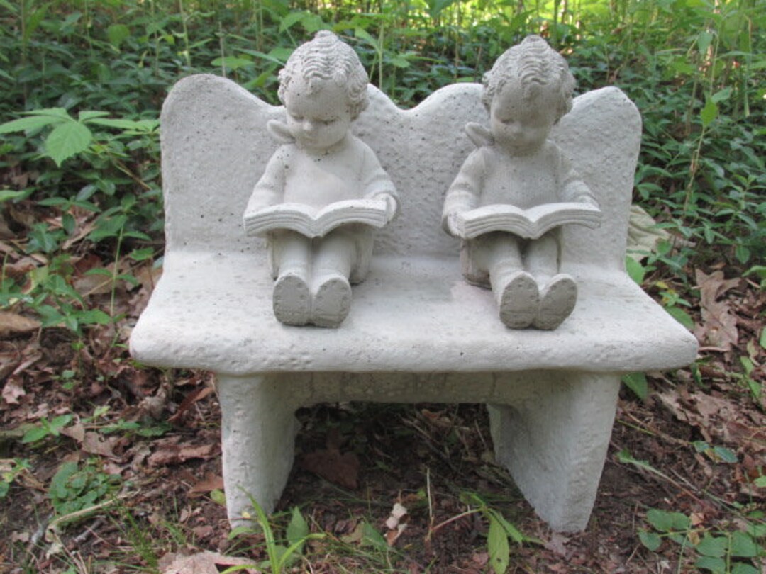 Cement Bench W/2 Boys Reading Book Set of 3 Garden Art Concrete Statue ...