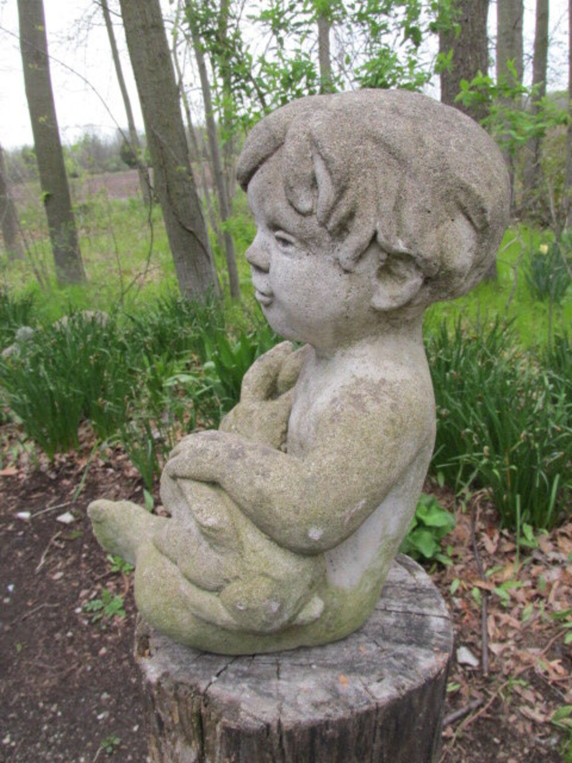 Vintage 15" Tall Cement Child Holding 2 Bunnies Weathered Garden Art ...