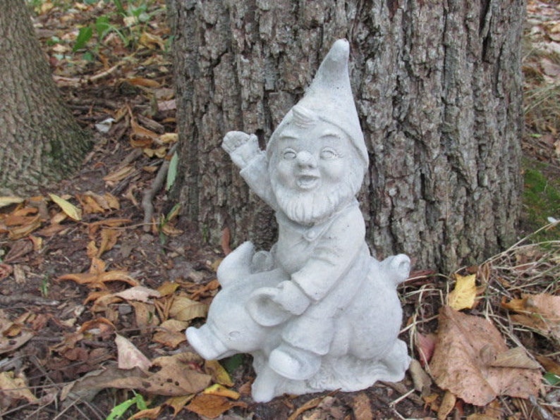 13" Cement Gnome Elf Riding Pig Garden Art Concrete Statue Sow Hog ...