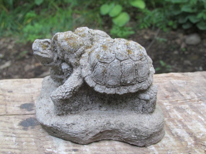 Vintage 5" Long Cement Turtle Pair Garden Weathered Concrete Statue ...