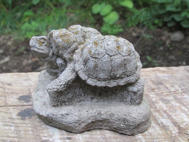 Vintage 5" Long Cement Turtle Pair Garden Weathered Concrete Statue ...