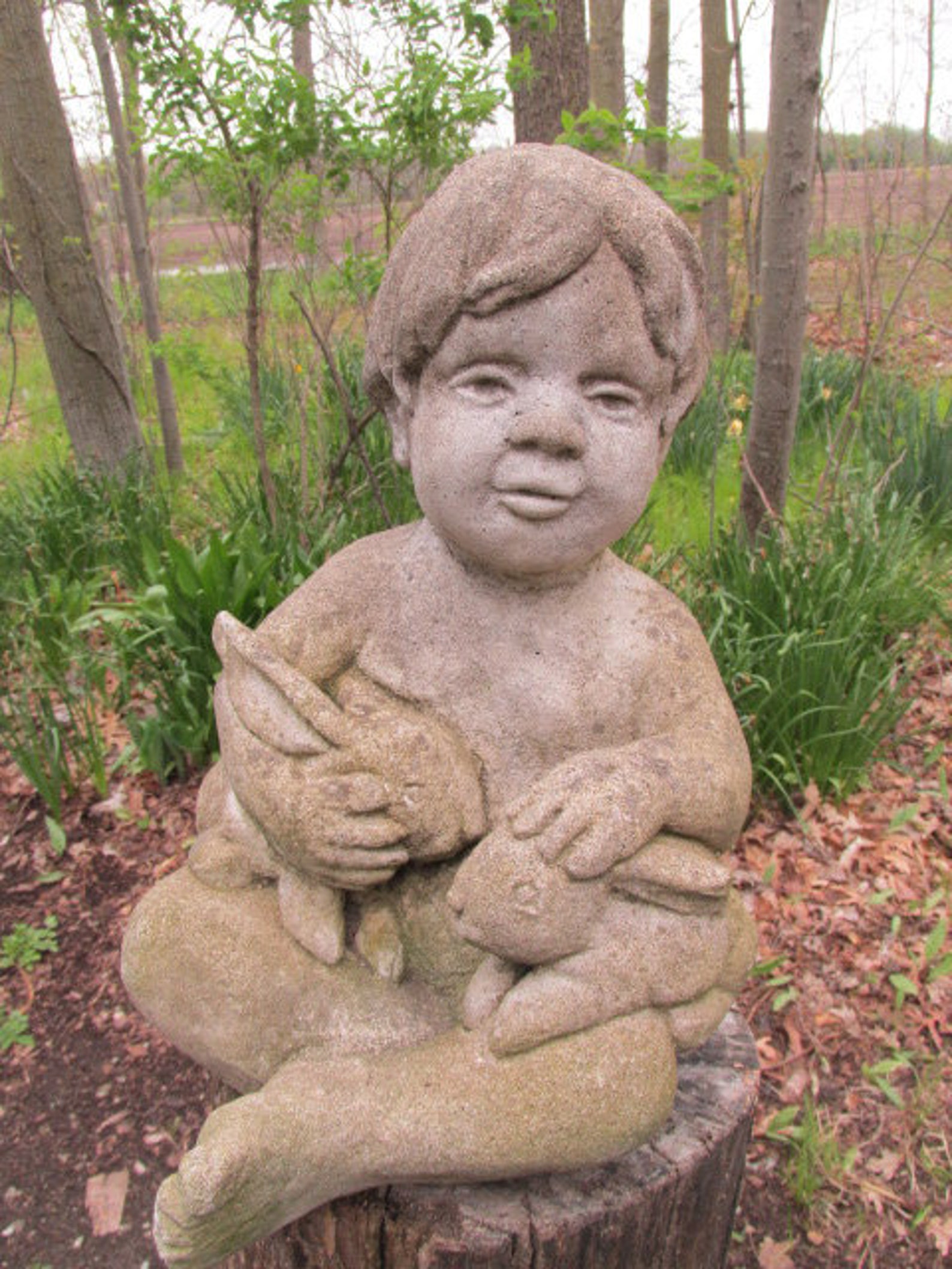 Vintage 15" Tall Cement Child Holding 2 Bunnies Weathered Garden Art ...