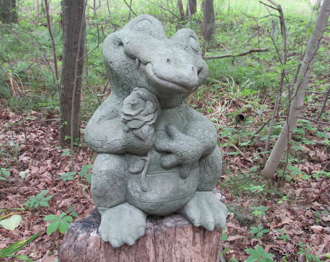 14" Tall Cement in Love Smiling Courting Alligator Holding Flower ...