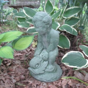 15" Tall Cement Boy Riding on Fish Concrete W/green Patina Garden Art ...