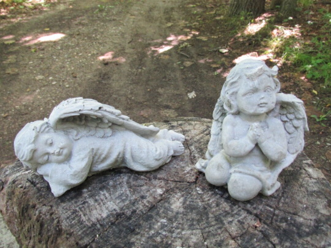 Adorable Pair of Cement Baby Angel Cherub Garden Art Concrete Statue ...