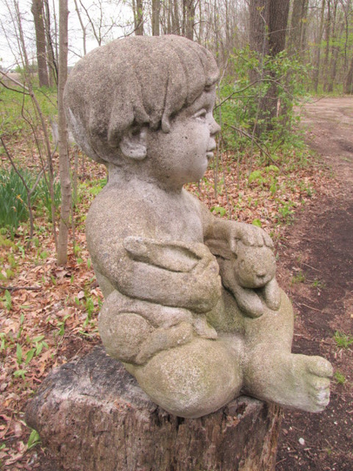 Vintage 15" Tall Cement Child Holding 2 Bunnies Weathered Garden Art ...