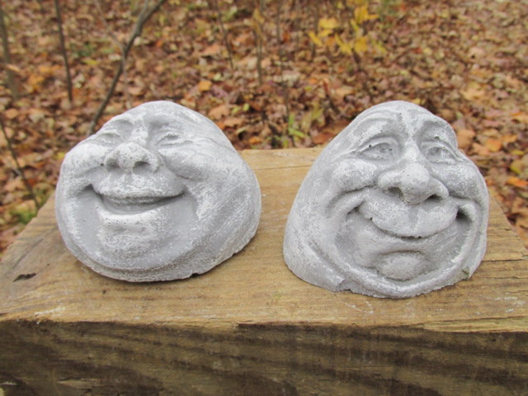 3 1/2" Long Cement Round Face Head Lot of 2 Garden Art Concrete Statue ...