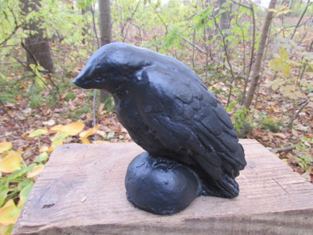 Small 4 1/2" Tall Cement Baby Crow Raven Bird Painted Black Concrete ...