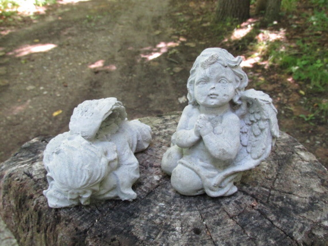 Adorable Pair of Cement Baby Angel Cherub Garden Art Concrete Statue ...