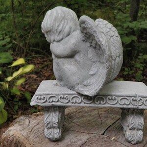 Antiqued Cement Angel & Bench Pair Garden Art Concrete Statue Gray and ...