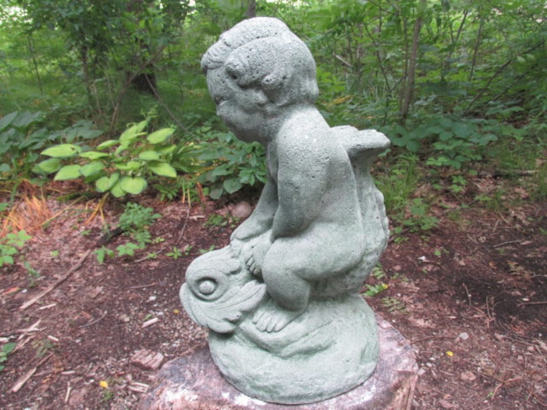 15" Tall Cement Boy Riding on Fish Concrete W/green Patina Garden Art ...
