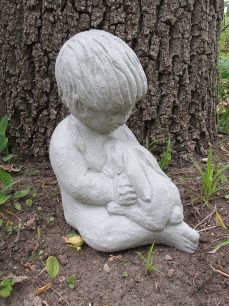 12" Tall Cement Child Holding Bunny Rabbit Concrete Garden Art Statue ...