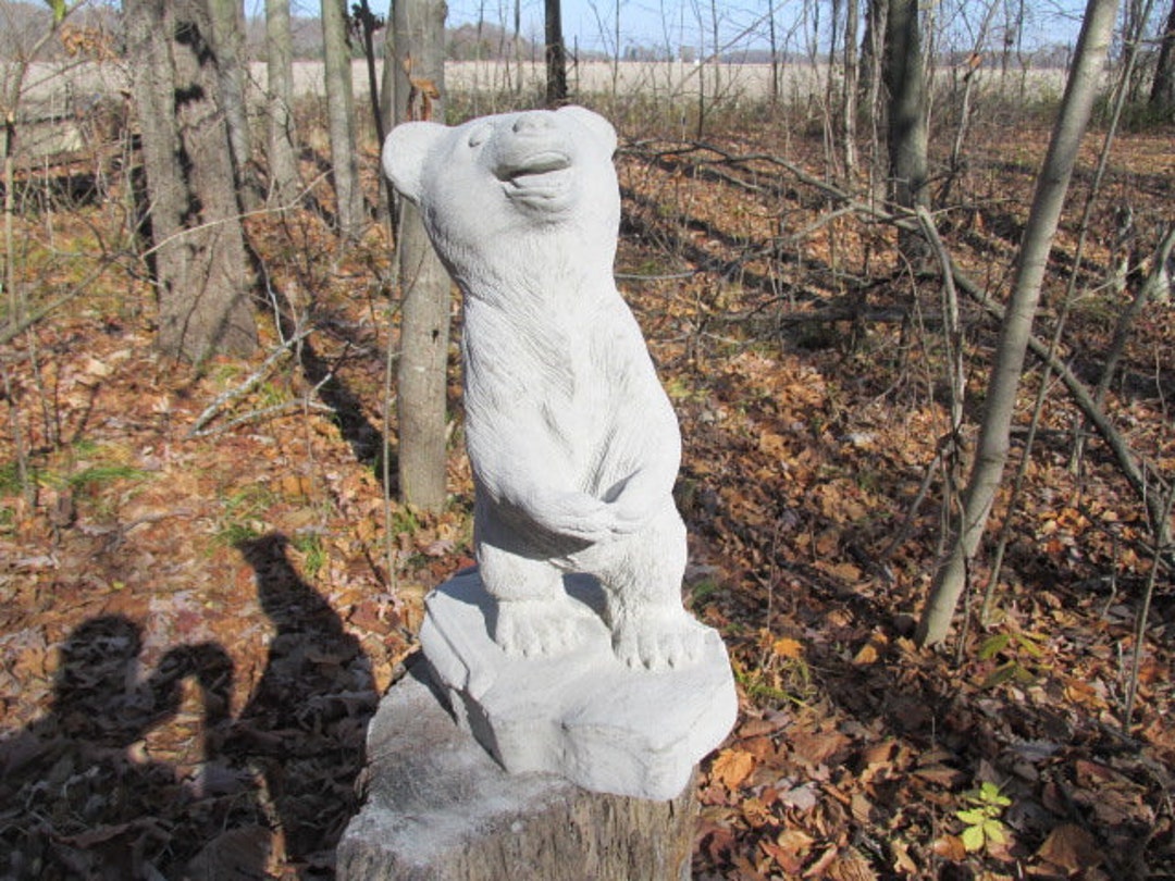16 1/2" Cement Standing Bear on Base Garden Art Concrete Statue VERY ...
