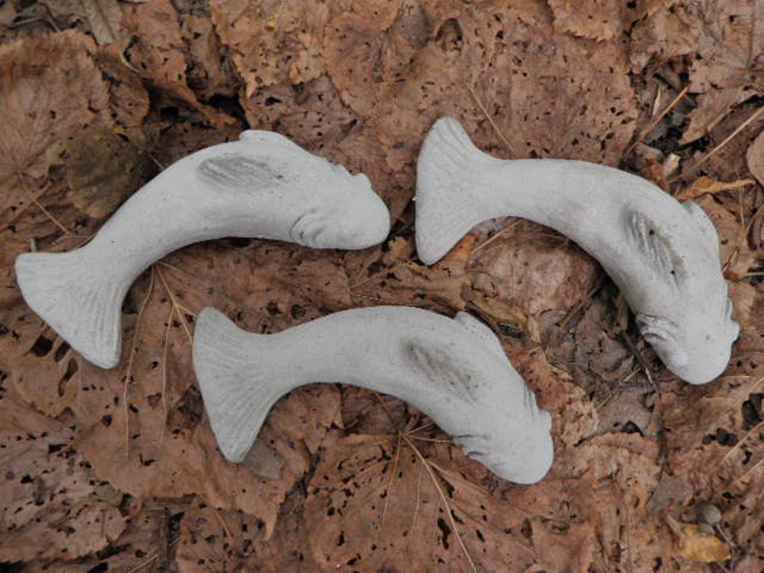 Cement 6" Long Fish Lot of 3 Garden Art Concrete Statue for Pond, Bird ...
