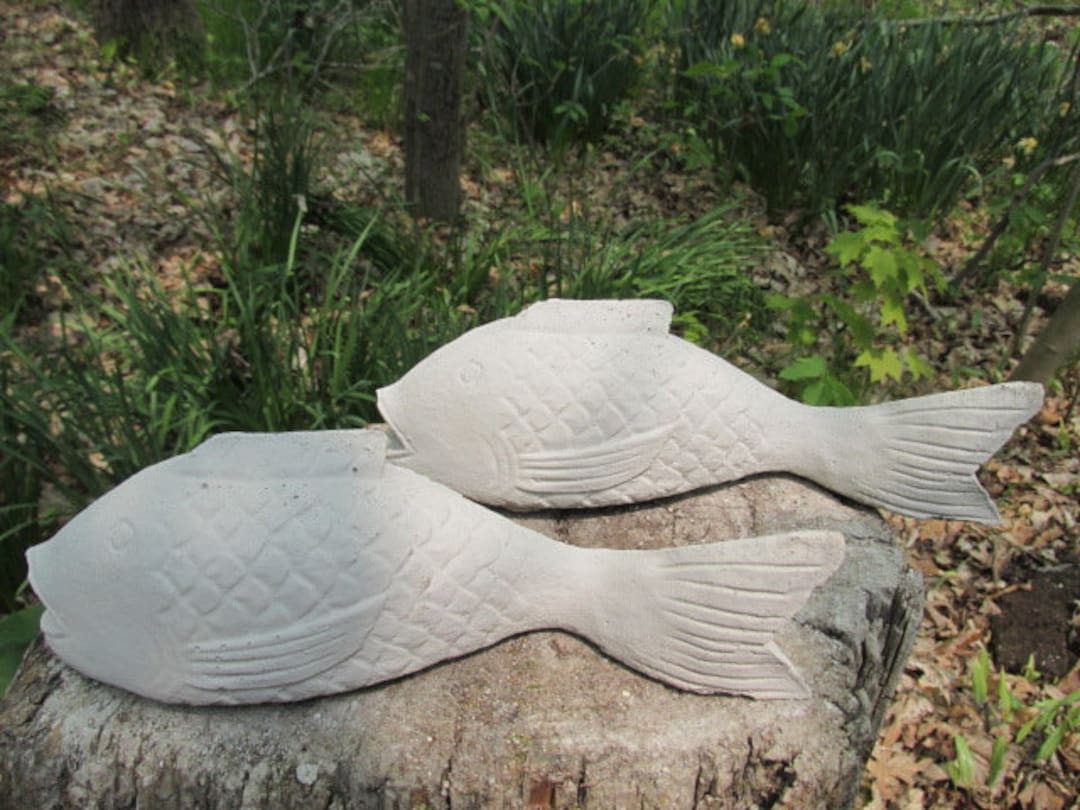 9" Long Cement Asian Koi Fish Lot of 2 Garden Art Concrete Statue Very ...