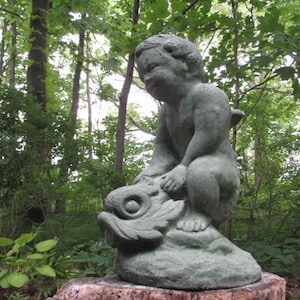 15" Tall Cement Boy Riding on Fish Concrete W/green Patina Garden Art ...