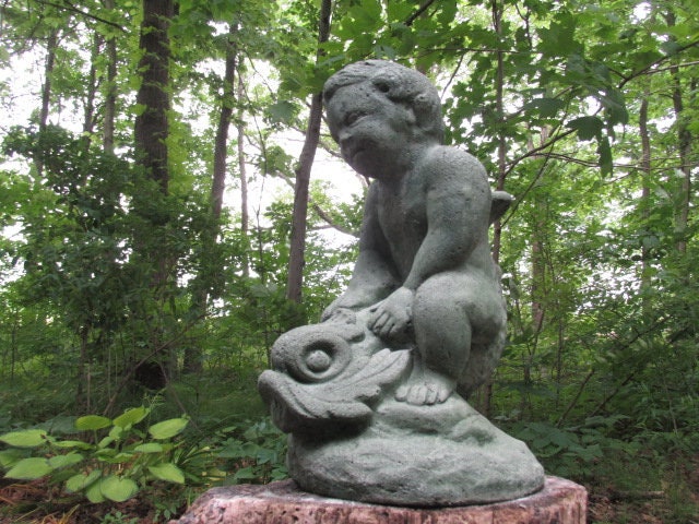 15 Tall Cement Boy Riding on Fish Concrete W/green | Etsy