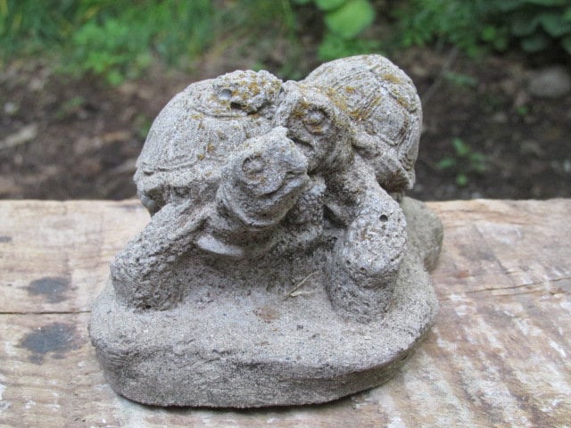 Vintage 5" Long Cement Turtle Pair Garden Weathered Concrete Statue ...