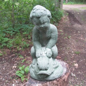 15" Tall Cement Boy Riding on Fish Concrete W/green Patina Garden Art ...