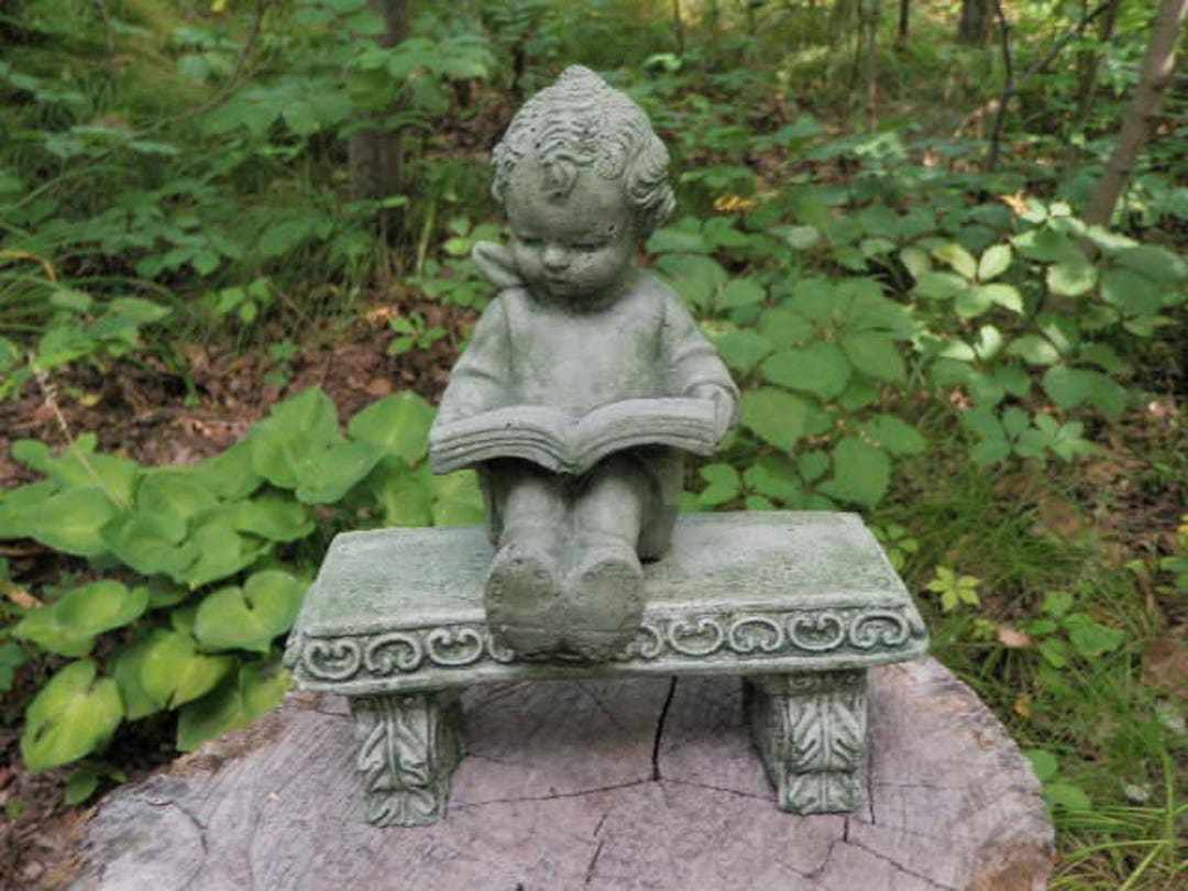 Cement Boy Reading Book & Bench Pair Garden Art Green Patina Concrete ...