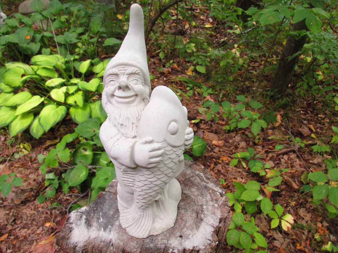 13" Tall Cement Gnome Elf With Trophy Fish Bass? Garden Art Concrete ...