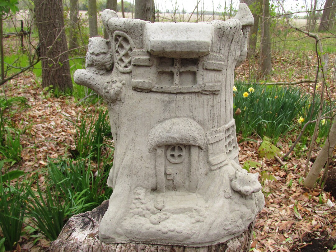 13" Cement Log Fairy House Planter Garden Art Concrete Statue With ...