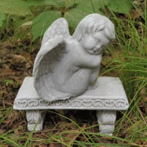 Antiqued Cement Angel & Bench Pair Garden Art Concrete Statue Gray and ...