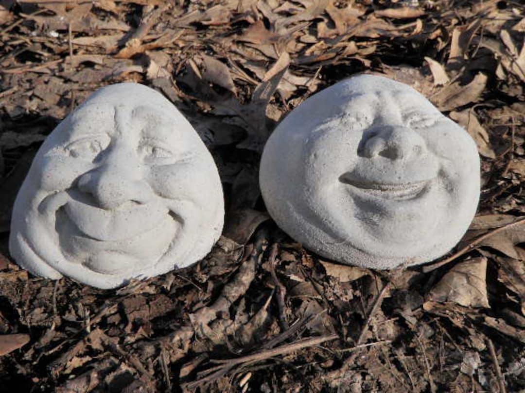 3 1/2" Long Cement Round Face Head Lot of 2 Garden Art Concrete Statue ...