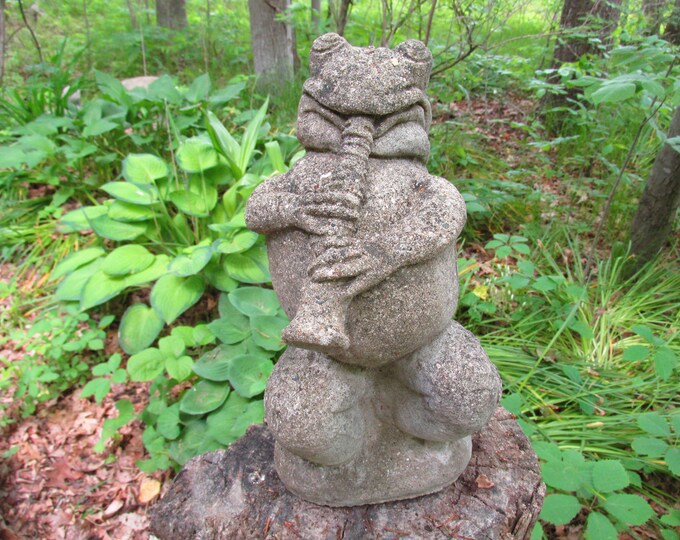 Vintage 12" Tall Cement Frog Playing Clarinet Musical Weathered ...