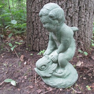 15" Tall Cement Boy Riding on Fish Concrete W/green Patina Garden Art ...