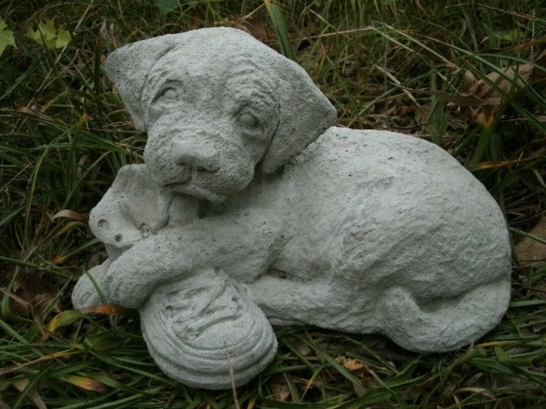 Cement 10 1/2" Long Lying Puppy Dog W/shoe Garden Statue Concrete Pet ...