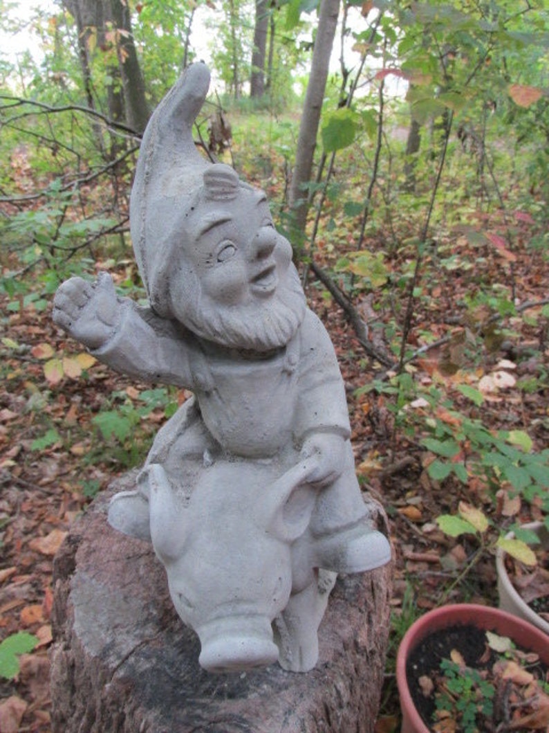 13" Cement Gnome Elf Riding Pig Garden Art Concrete Statue Sow Hog ...