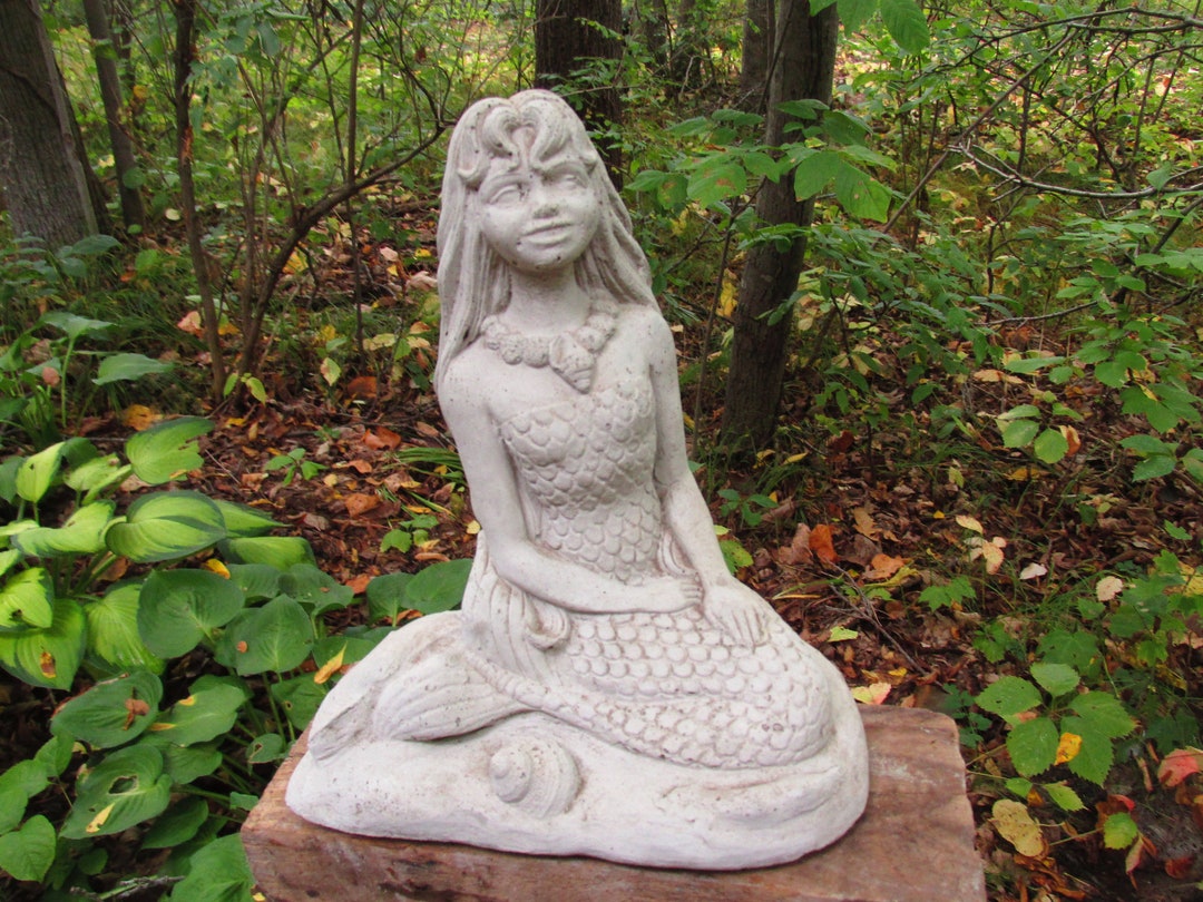 Vintage 9" Tall Cement Sitting Mermaid Garden Art Weathered Concrete ...