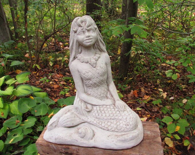 Vintage 9" Tall Cement Sitting Mermaid Garden Art Weathered Concrete ...