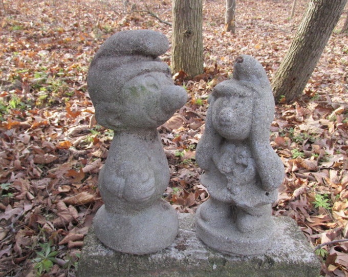 Vintage Cement 10" Smurf and Smurfette Garden Statue Weathered Concrete ...