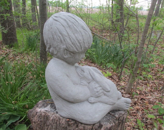 12" Tall Cement Child Holding Bunny Rabbit Concrete Garden Art Statue ...
