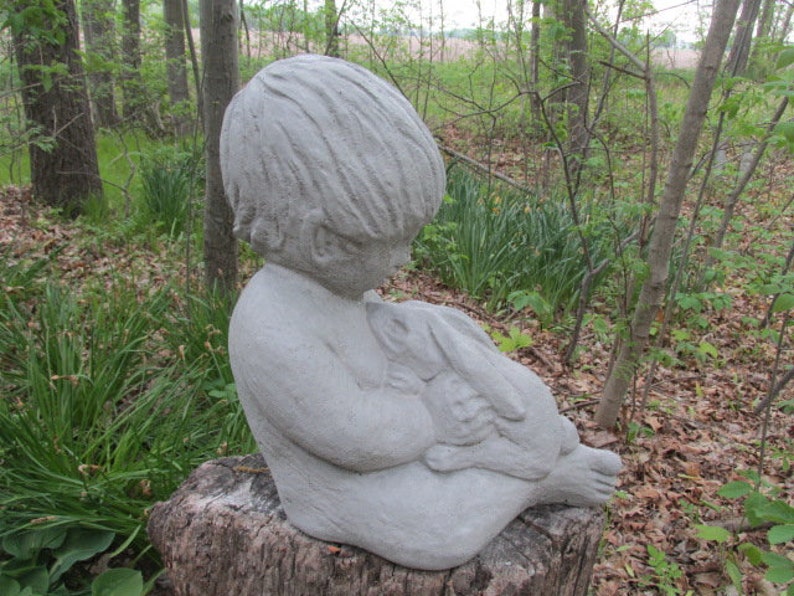 12" Tall Cement Child Holding Bunny Rabbit Concrete Garden Art Statue ...