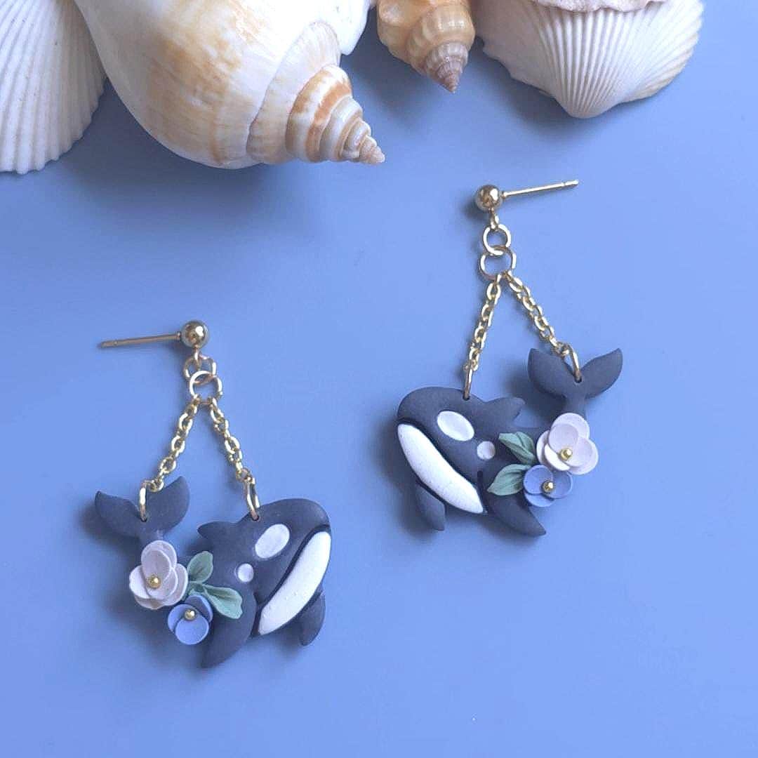 Handmade Orca Whale Dangle Earrings: Floral Polymer Clay Jewelry - Etsy