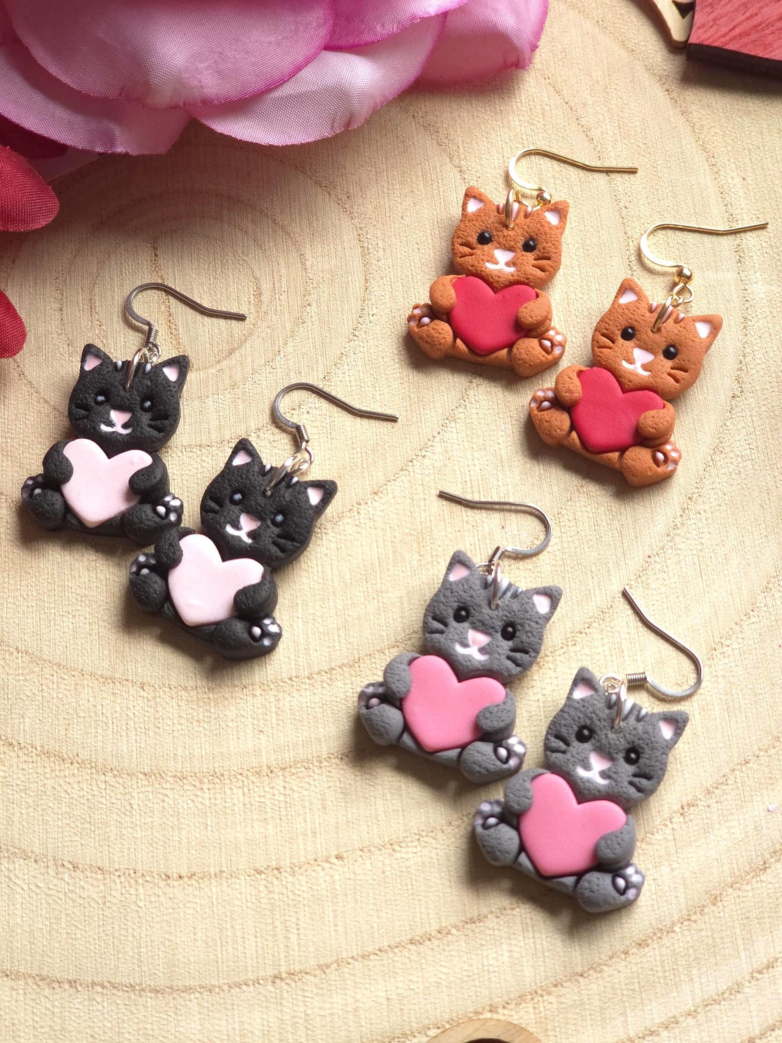Handmade Cat Holding Heart Earring: Polymer Clay Jewelry Gift - Etsy