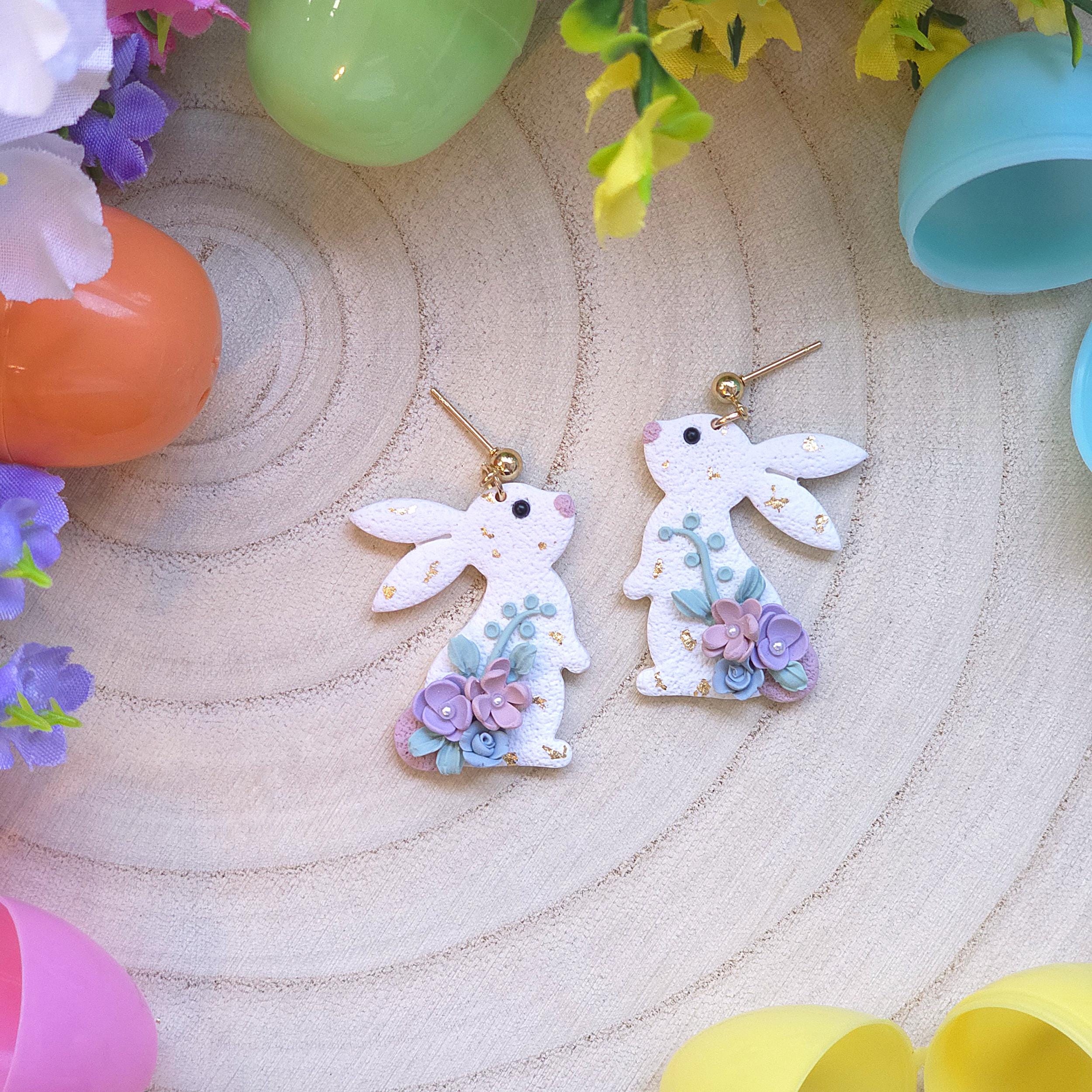 Floral Bunny Earrings: Handmade Polymer Clay Jewelry for Easter - Etsy
