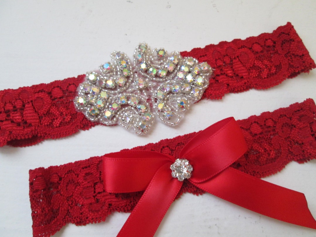 Red Christmas Wedding Garter Set, Red Lace Garter W/ Crystals, Bling ...