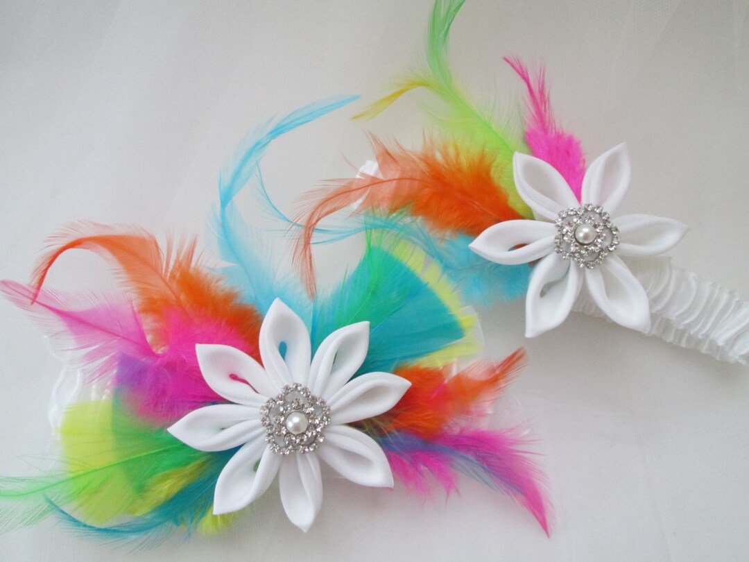 RAINBOW WEDDING or PROM Garters, Pink, Blue, Orange, Yellow Feather ...