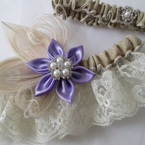 Lilac Purple Wedding Garters, BURLAP Bridal Garters, Ivory Lace Garters ...