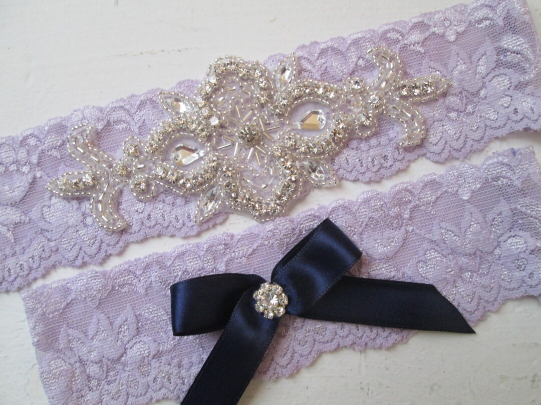 Lilac Purple Lace Wedding Garter Set, Ultra Violet - Navy Blue Garter ...